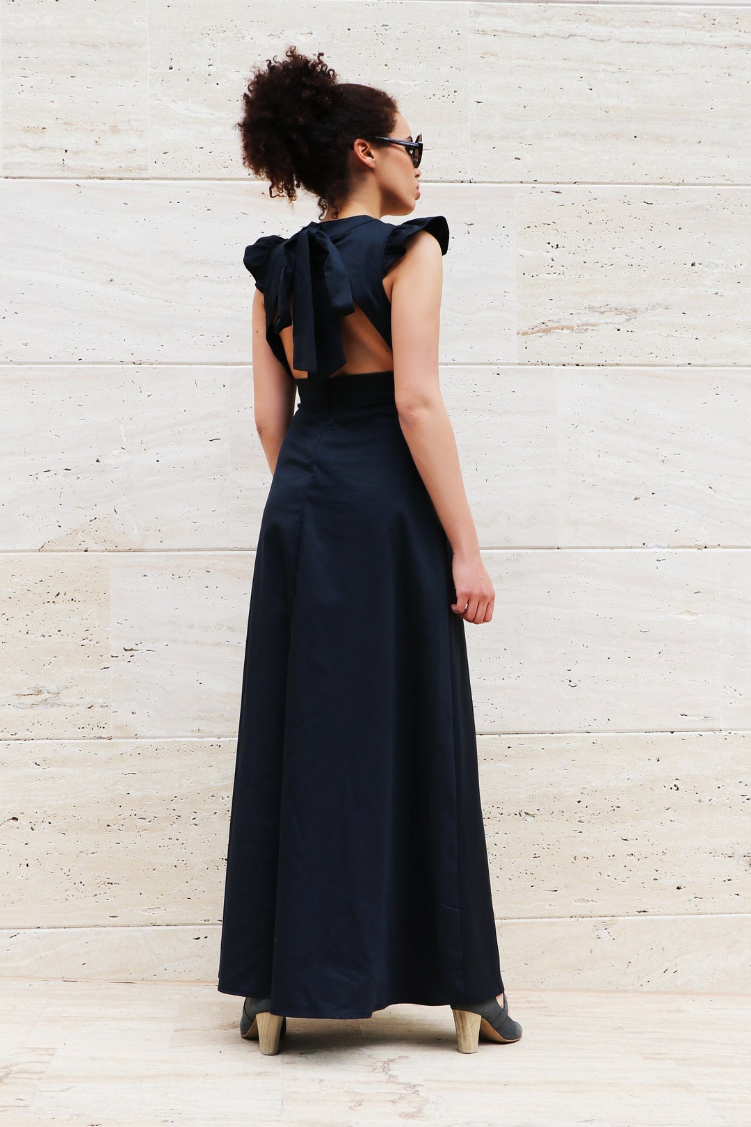 Dark Blue Summer Dress, Fit and Flare Dress, Formal V Neck Dress, Black ...