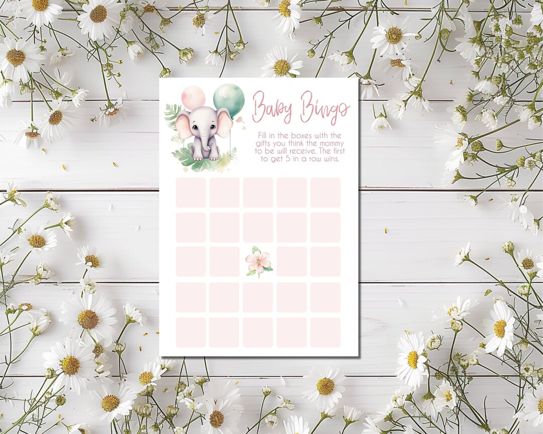Elephant Baby Shower Bingo Game Girl Elephant Bingo Game Jungle Animals ...