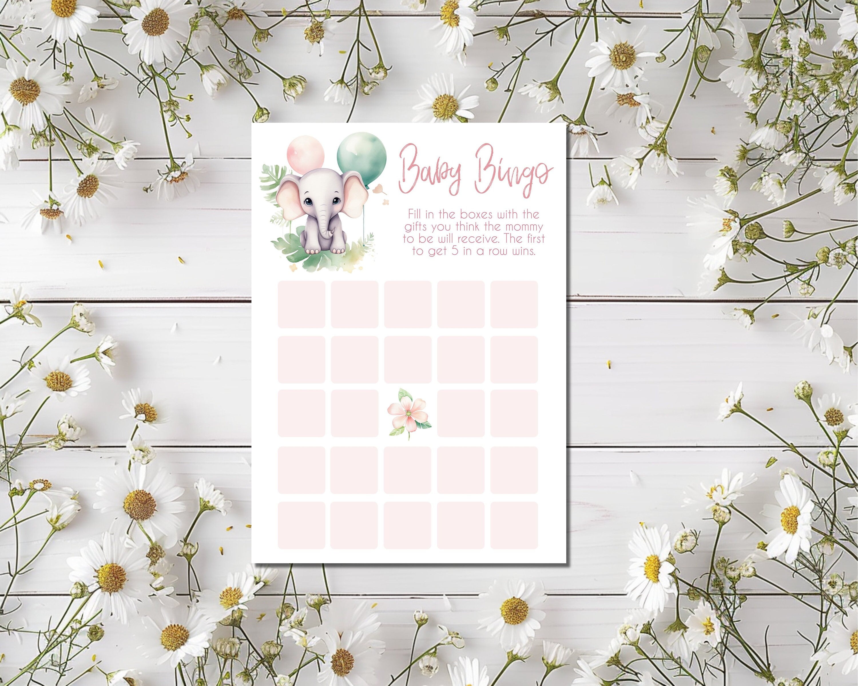 Elephant Baby Shower Bingo Game Girl Elephant Bingo Game Jungle Animals ...