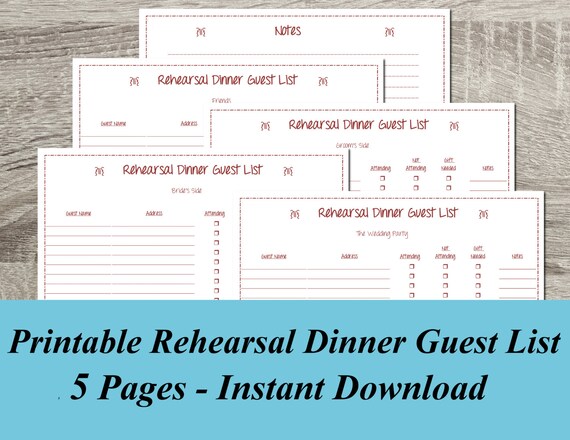INSTANT DOWNLOAD Rehearsal Dinner Guest List PDF Wedding Planning - 5 ...