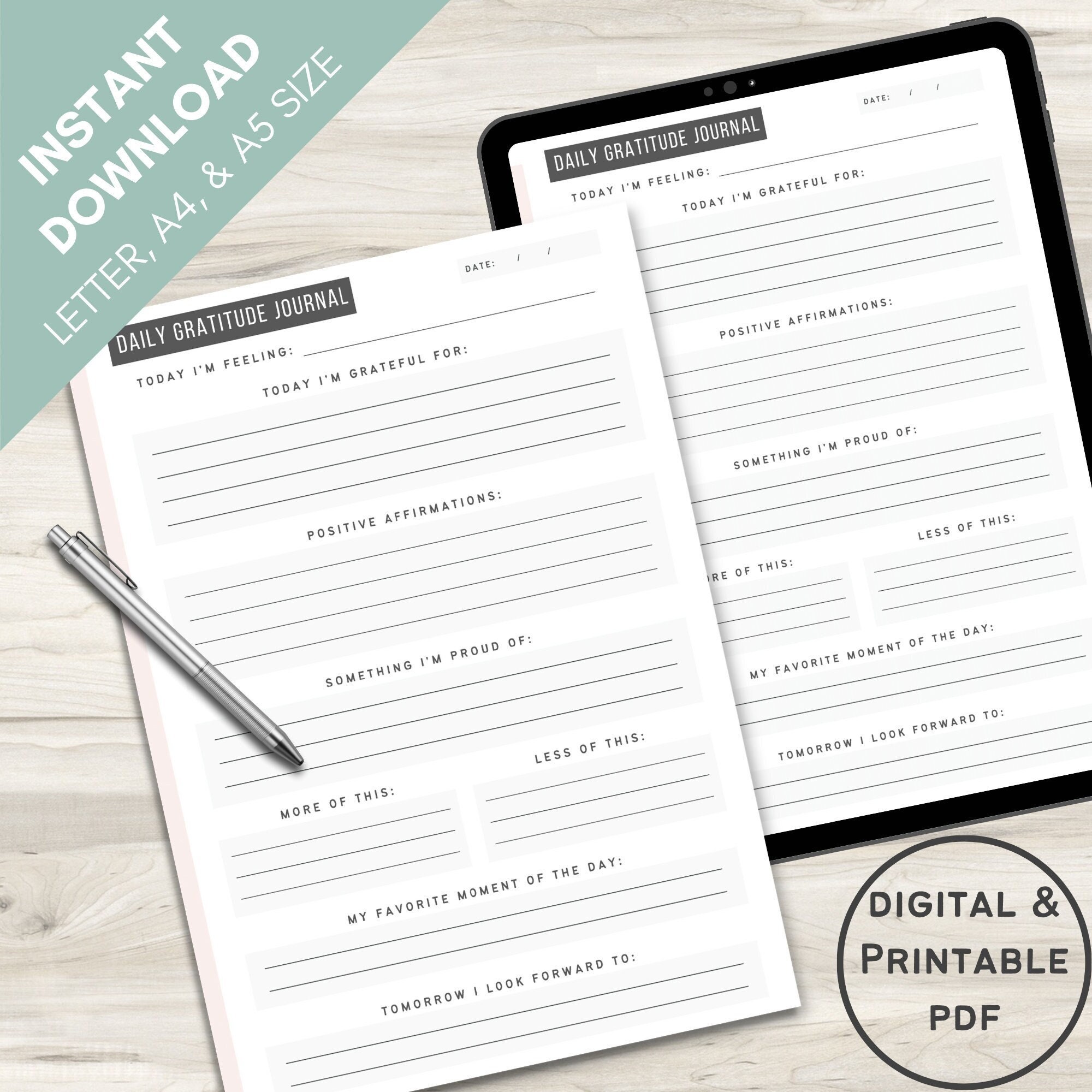 PRINTABLE Daily Gratitude Journal Notebook Pages | PDF Printable or ...