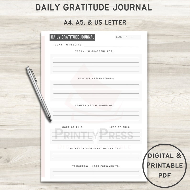 PRINTABLE Daily Gratitude Journal Notebook Pages | PDF Printable or ...