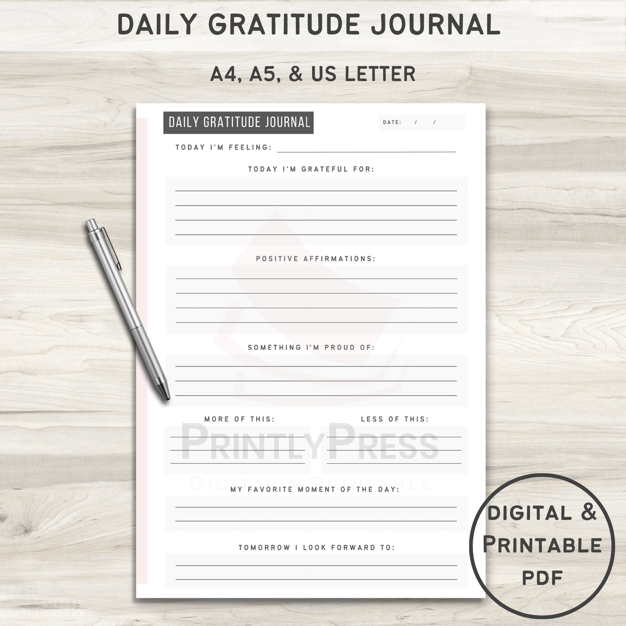 PRINTABLE Daily Gratitude Journal Notebook Pages | PDF Printable or ...