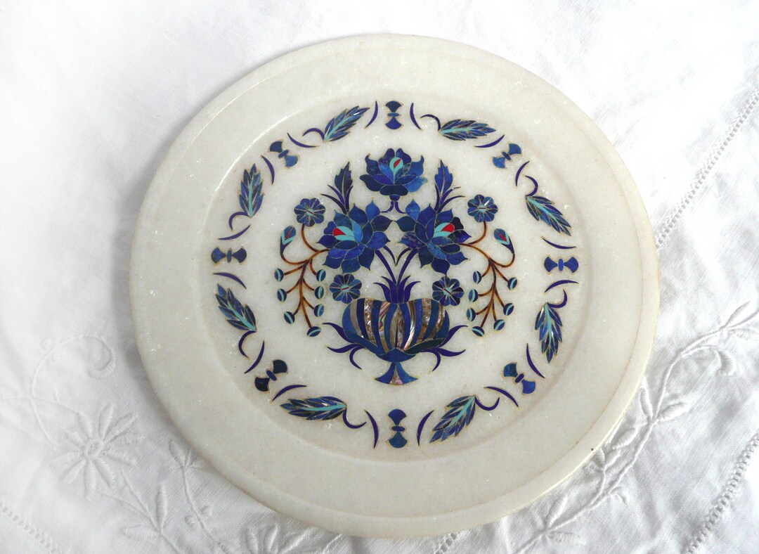 Inlaid Indian Plate Pietra Dura Hand Carved White Stone Plate Alabaster ...