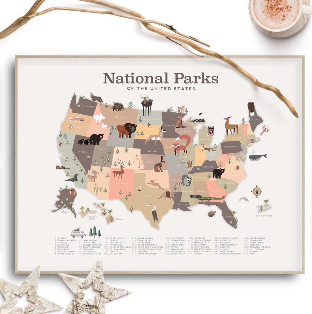 National Park Map, Warm Cozy Colors, Kids Map, National Park Art, Kids ...