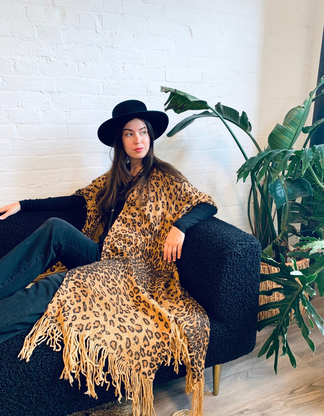 Boho Tan and Black Animal Print Kimono, Leopard Cover Up, Bohemian Knit ...