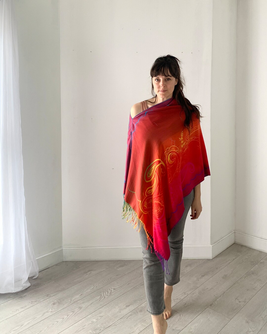 Bohemian Draped Shawl - Red Rainbow Vibrant Paisley Pashmina Reversible ...