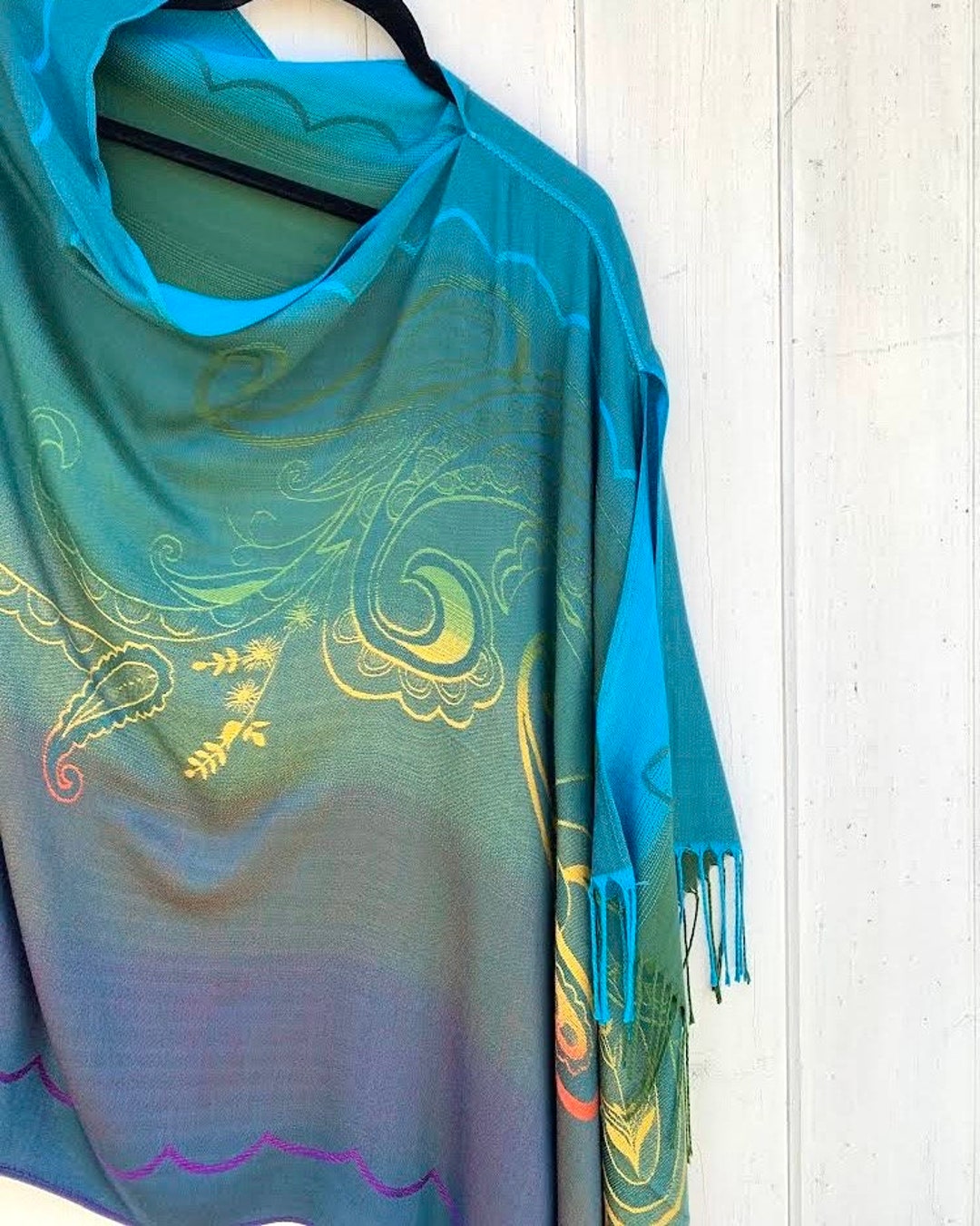 Draped Shawl - Reversible Aqua Vibrant Rainbow Paisley Pashmina Poncho ...