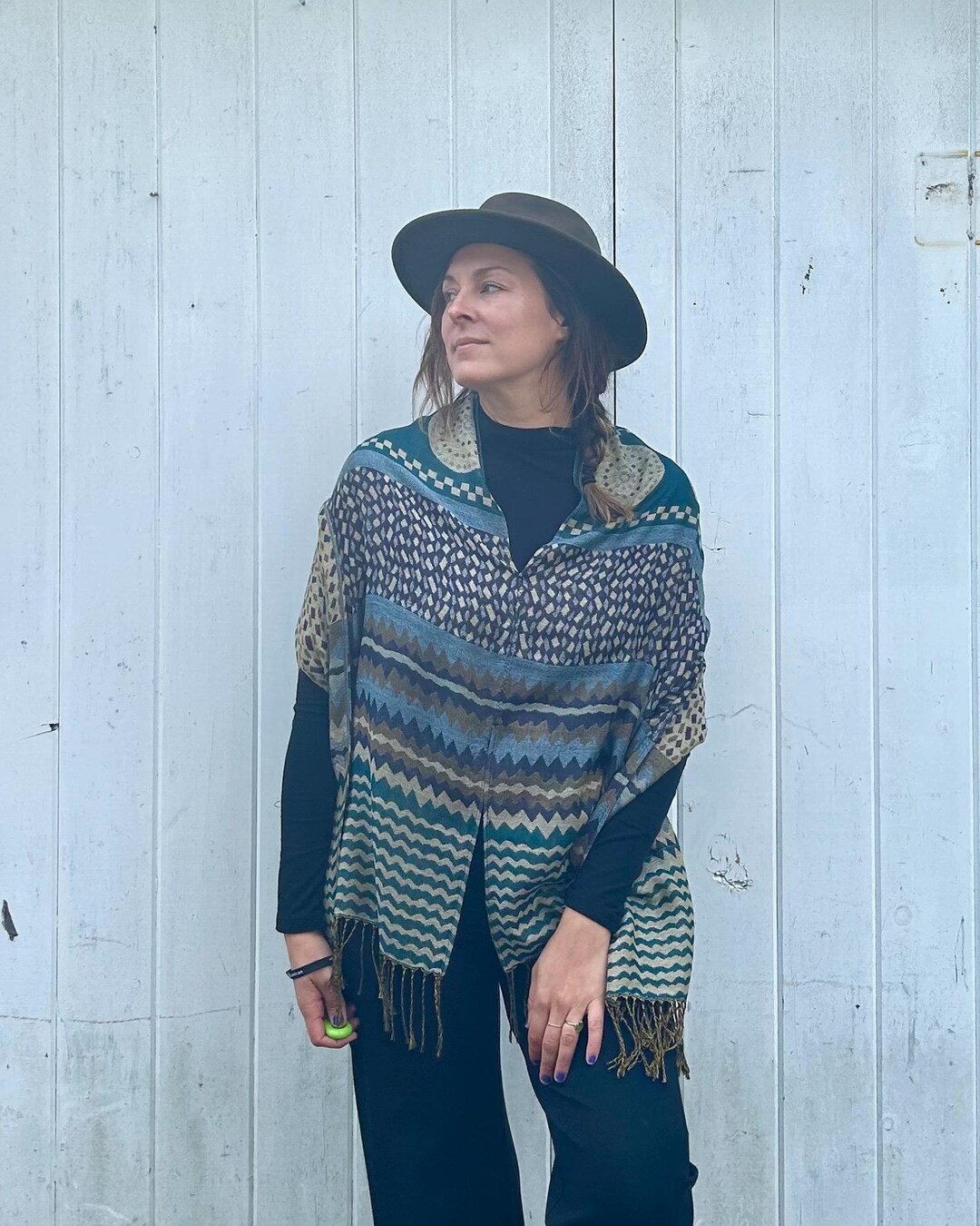 Bohemian Draped Shawl - Teal and Gold Tribal Pashmina Reversible Poncho ...