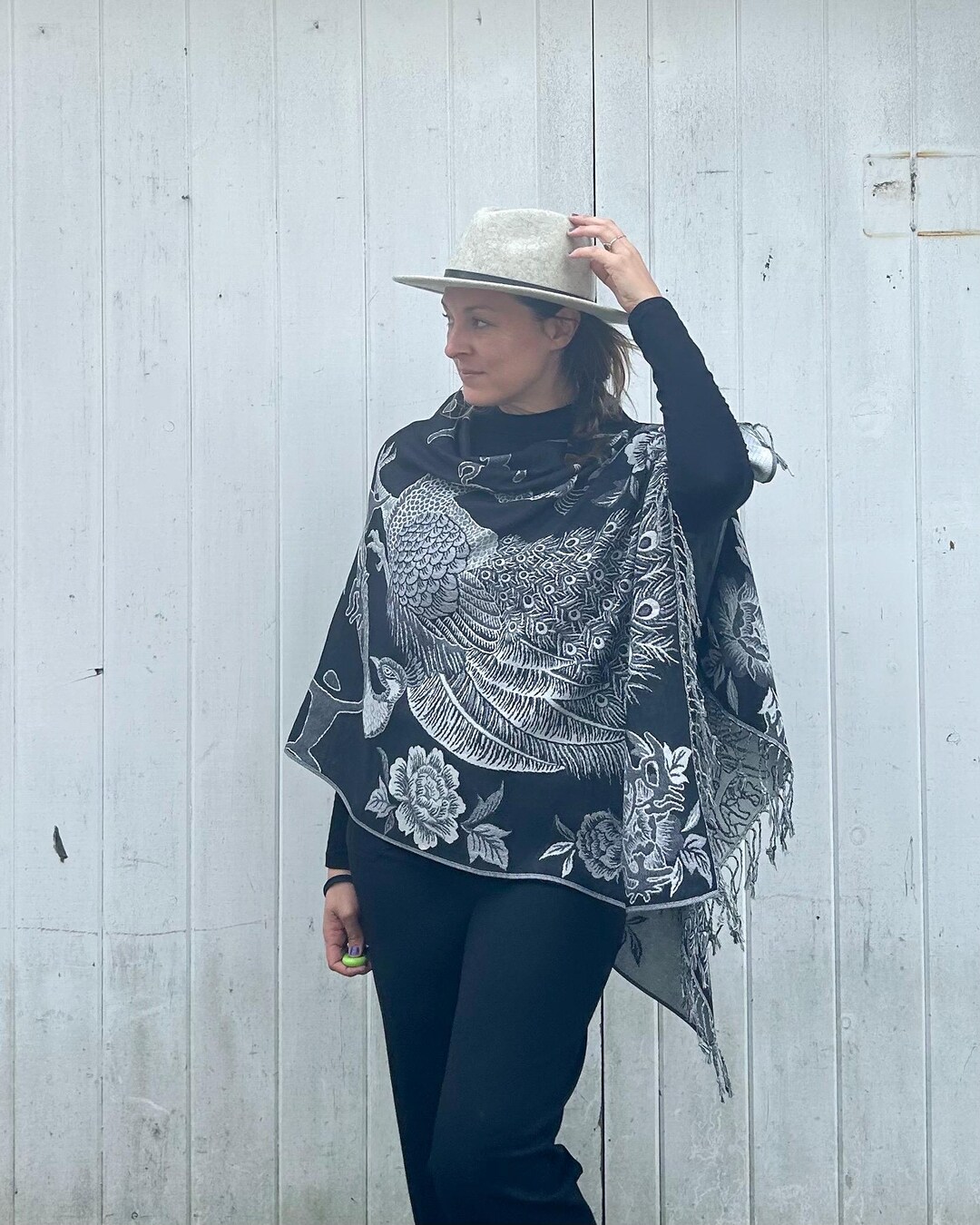 Bohemian Draped Shawl - Reversible Black and White Bird Feather ...