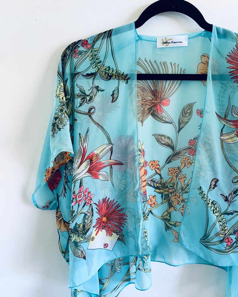 Boho Cropped Kimono Turquoise Tropical Floral Kimono Bathing - Etsy