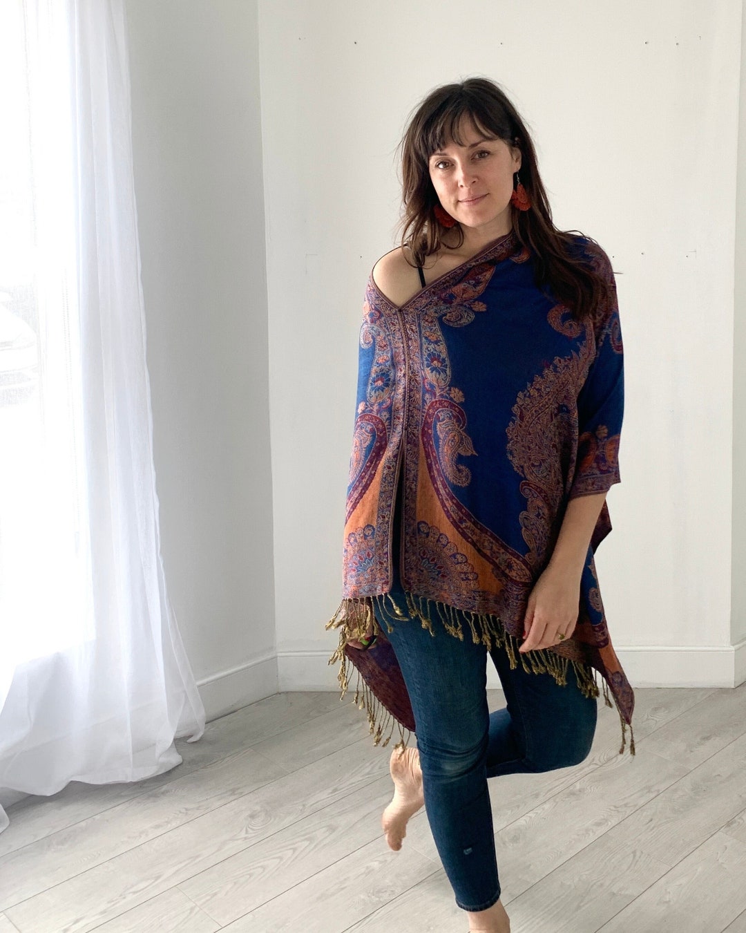Bohemian Draped Shawl - Reversible Royal Blue and Rust Paisley Pashmina ...