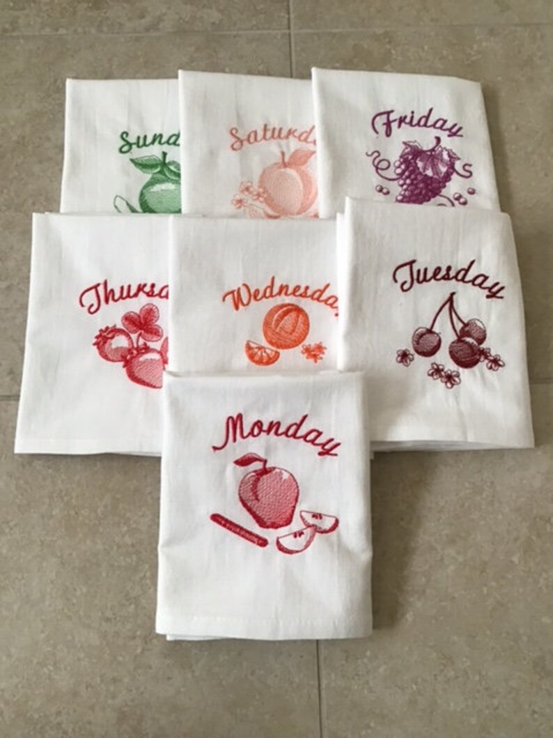 Vibrant Fruit-themed Days of the Week: Embroidered Flour Sack Dish ...