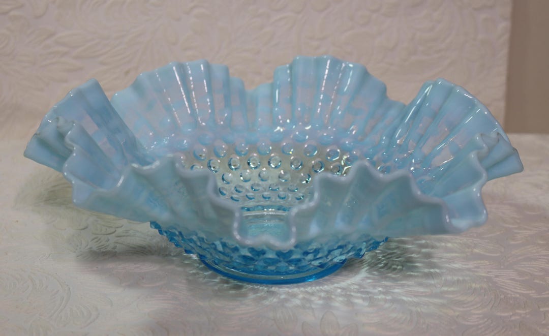 Vintage Fenton Blue Opalescent Ruffled Hobnail Large Bowl - Hard to ...