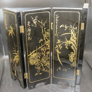 Black Lacquer Folding Screen: Hand-painted Limestone Geisha, Gold ...