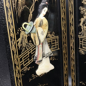 Black Lacquer Folding Screen: Hand-painted Limestone Geisha, Gold ...