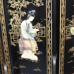 Black Lacquer Folding Screen: Hand-painted Limestone Geisha, Gold ...