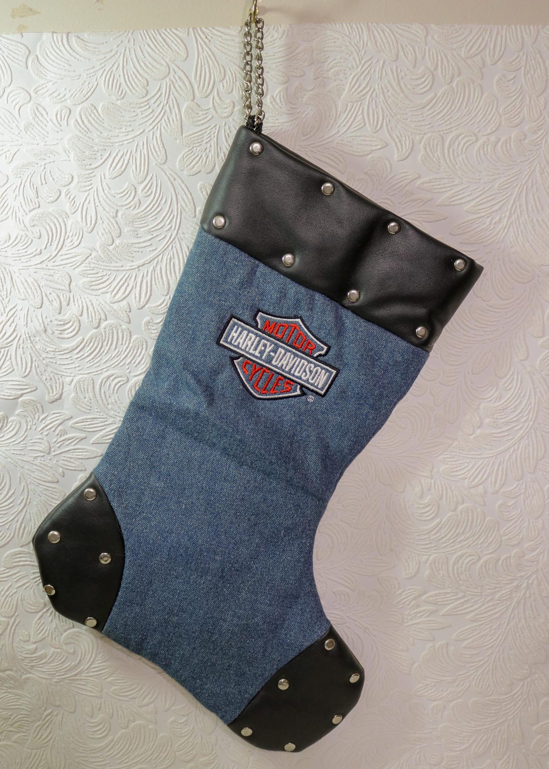 Vintage Harley Davidson Motorcycle Christmas Stocking - Denim and Faux ...