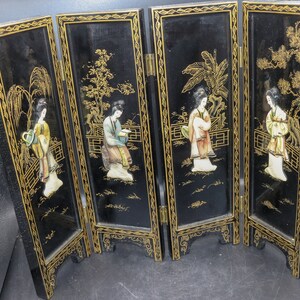 Black Lacquer Folding Screen: Hand-painted Limestone Geisha, Gold ...