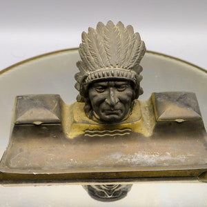 Vintage Brass Indian Native American Chief Double Inkwell Desk Set ...