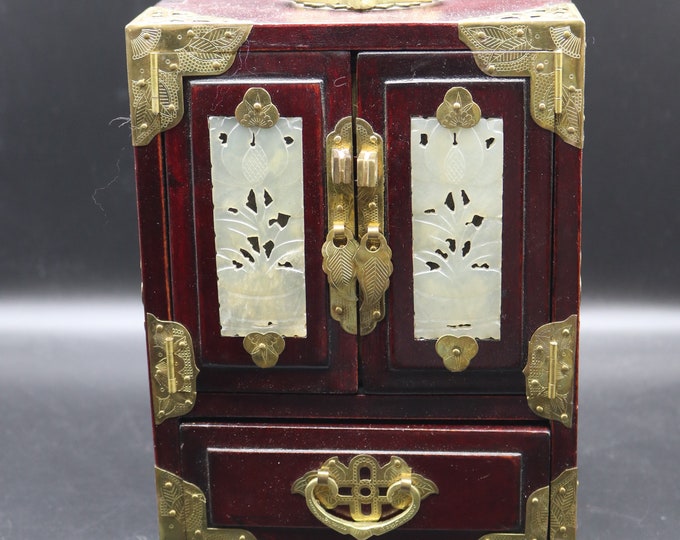 Vintage Oriental Jewelry Box With Carved Jade Inlaid Panels - Oriental ...