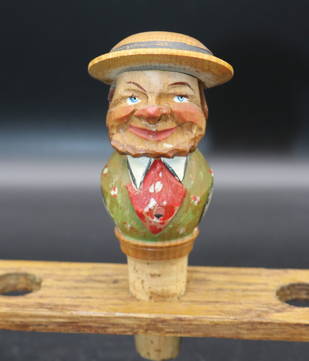 Vintage ANRI Hand Carved Wood Figural Mechanical Character Bottle ...