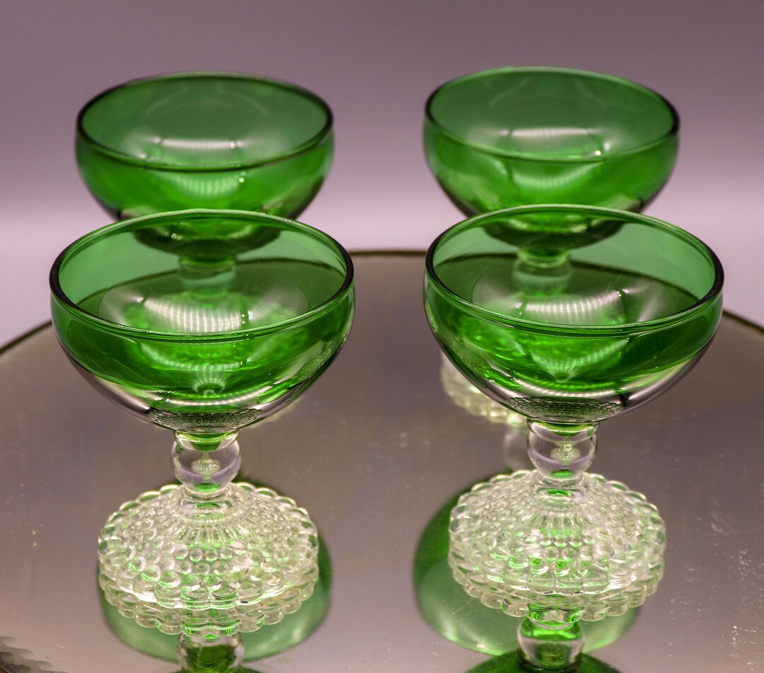 Vintage Anchor Hocking Forest Green Bubble Foot Champagne Glasses - Set ...