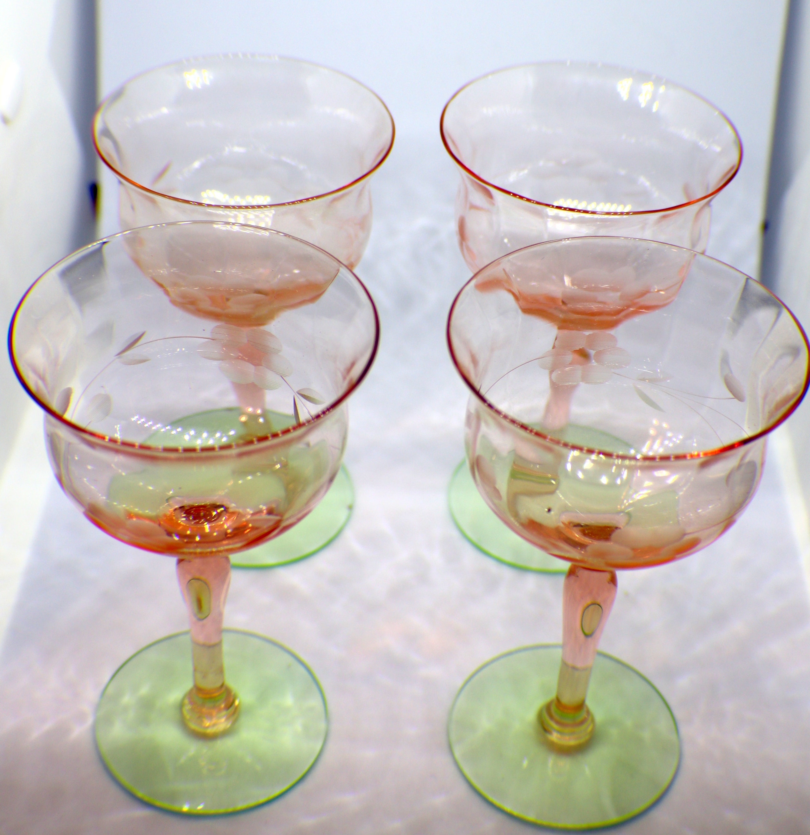 Pink Green Depression Cordial Glasses Set Of 4 Etched Etsy