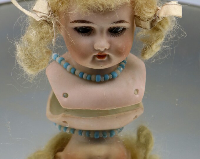 Antique German Lilly Bisque Doll Head: Blue Sleep Eyes, Blonde Mohair ...