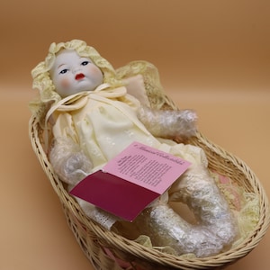 1984 Schmid Porcelain Baby Doll in Wicker Bassinet - Music Box - Plays ...