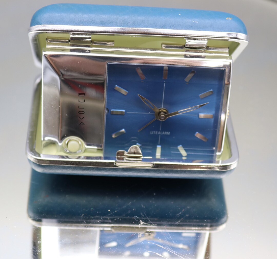 Vintage Bulova Litealarm Blue Silver Travel Alarm Clock - 1960s - Made ...