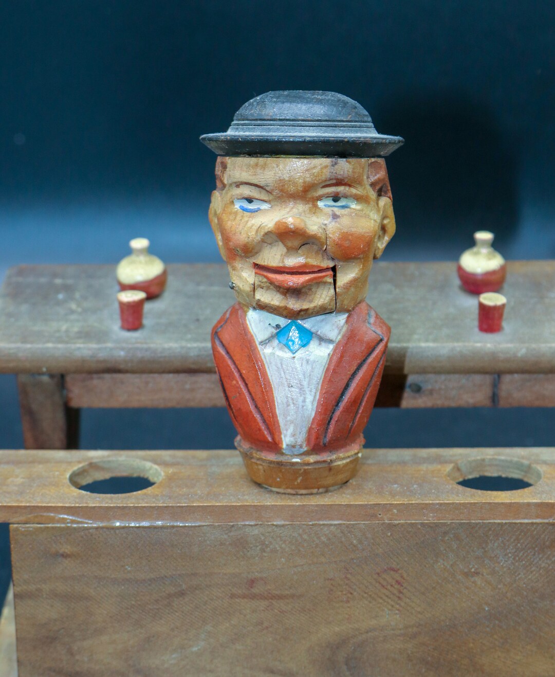 Vintage ANRI Hand Carved Wood Figural Mechanical Character Bottle ...