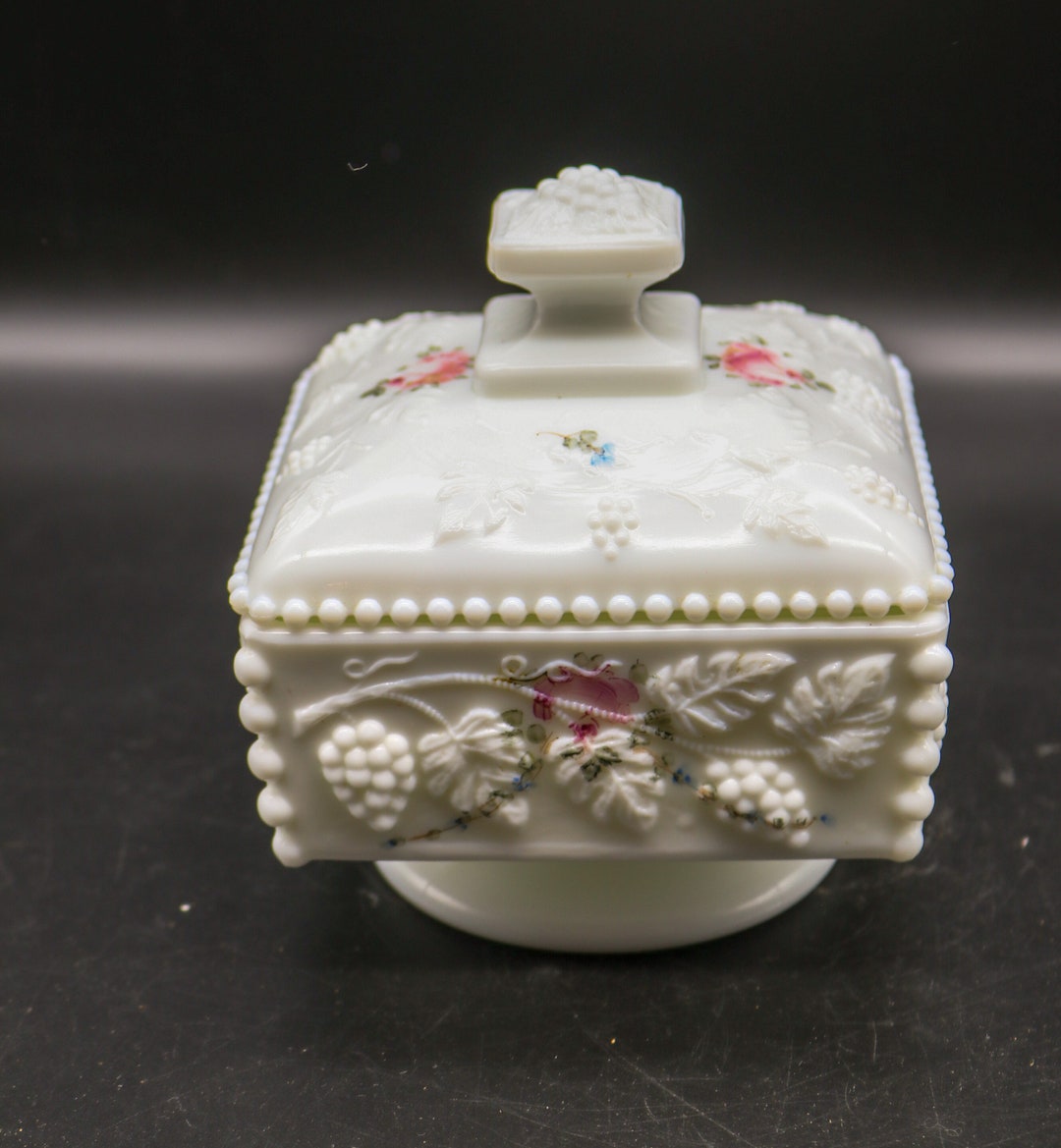 Vintage Westmoreland Hand-painted Panel Grape Honey Pot Covered Candy ...