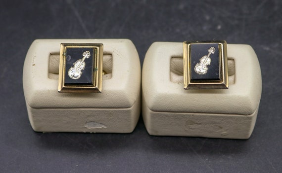 Vintage Reverse Painted Glass Violin Cufflinks - Gold… - Gem
