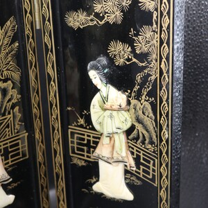 Black Lacquer Folding Screen: Hand-painted Limestone Geisha, Gold ...