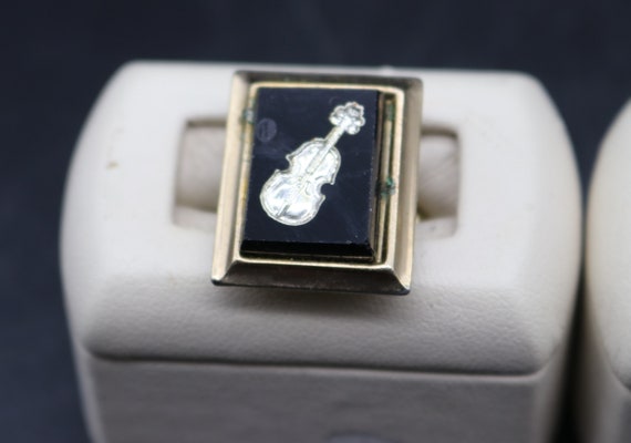 Vintage Reverse Painted Glass Violin Cufflinks - Gold… - Gem