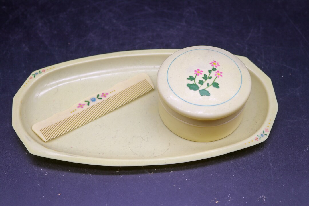 Vintage 1920s Child's Celluloid Dresser Set - Powder Jar - Vanity Tray ...