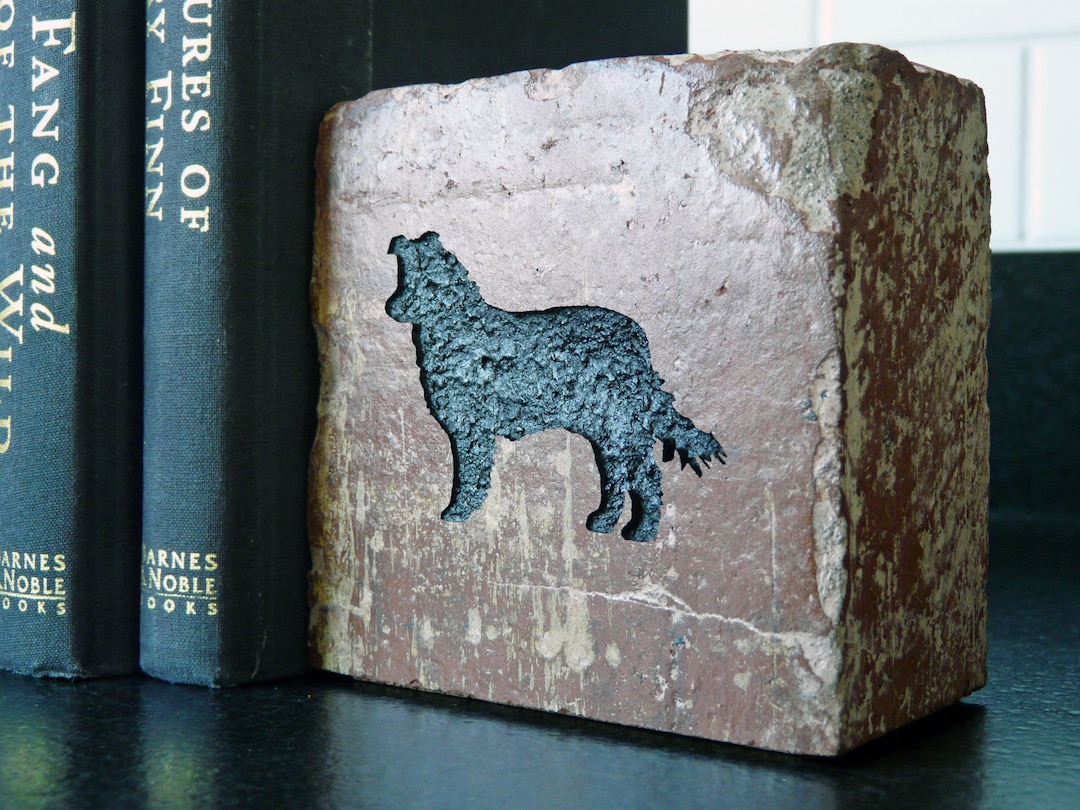 Farm Dog Border Collie Silhouette Engraved Half Red Brick Bookend Shelf ...