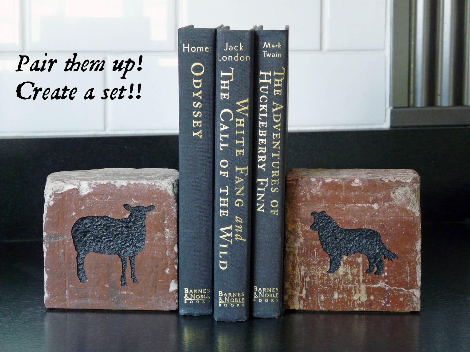 Farm Dog Border Collie Silhouette Engraved Half Red Brick Bookend Shelf ...