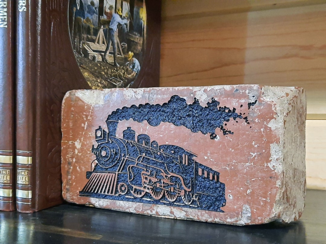 Old Train Locomotive Steam Engine Engraved Brick Bookend Home Decor - Etsy