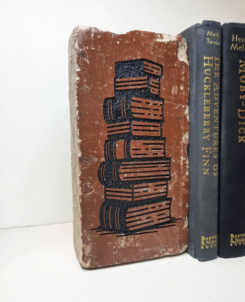 Stacked Books Design on Engraved Brick Bookend Shelf Décor - Etsy