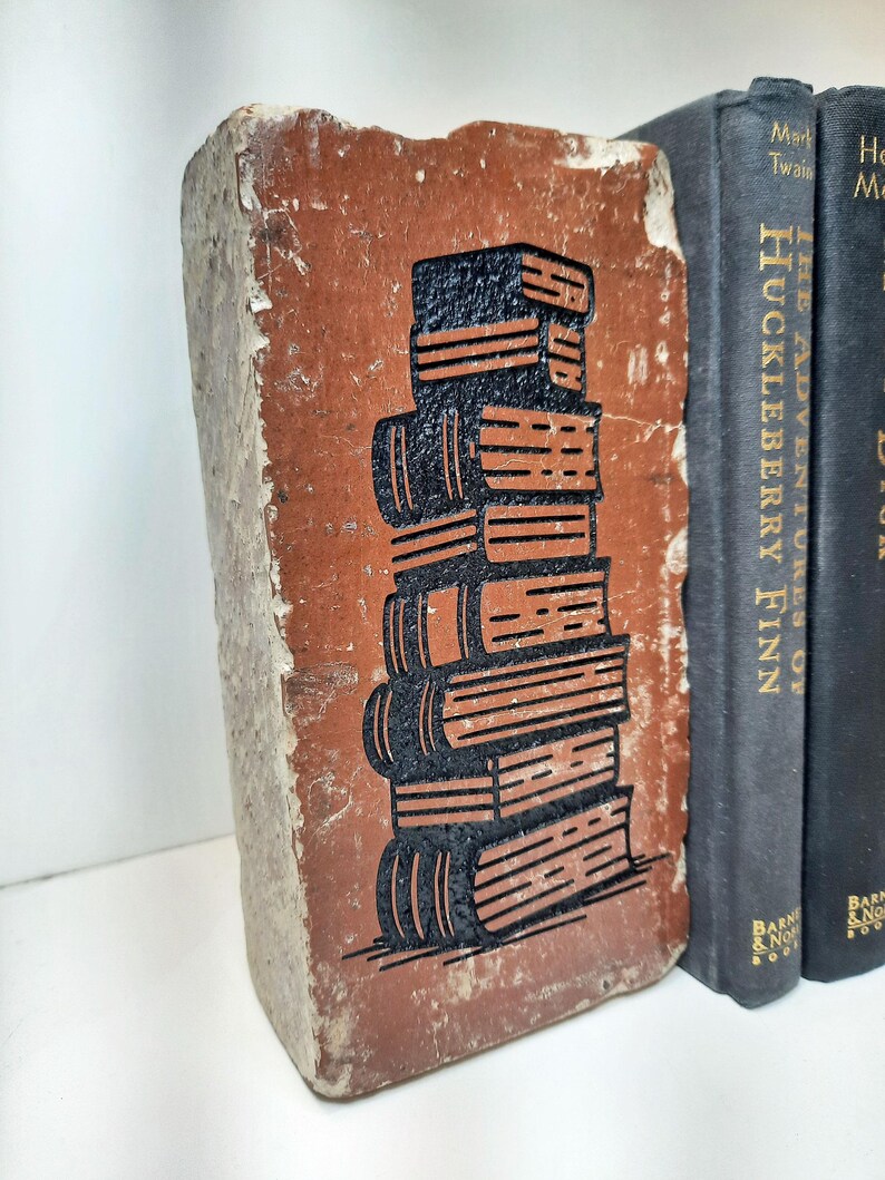 Stacked Books Design on Engraved Brick Bookend Shelf Décor - Etsy