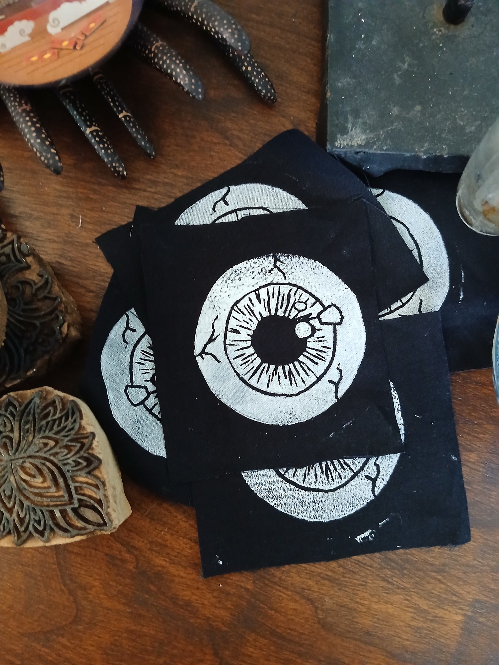 Eyeball Patches, Punk Patch, Linoleum Print, White on Black, Goth Patch, Spirit Away,punk Patch ...