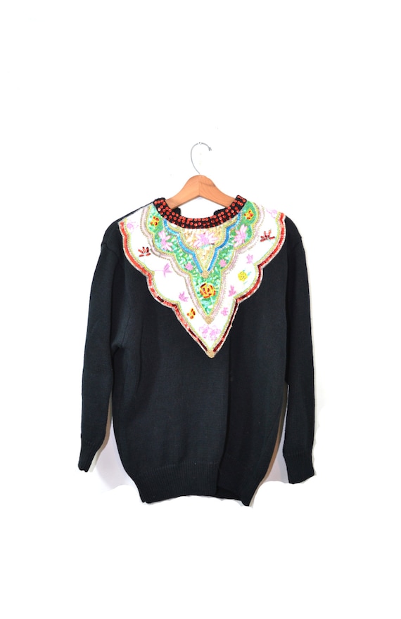 Black Sequin Vintage Sweater, Angora Top, Soft Fuzzy … - Gem