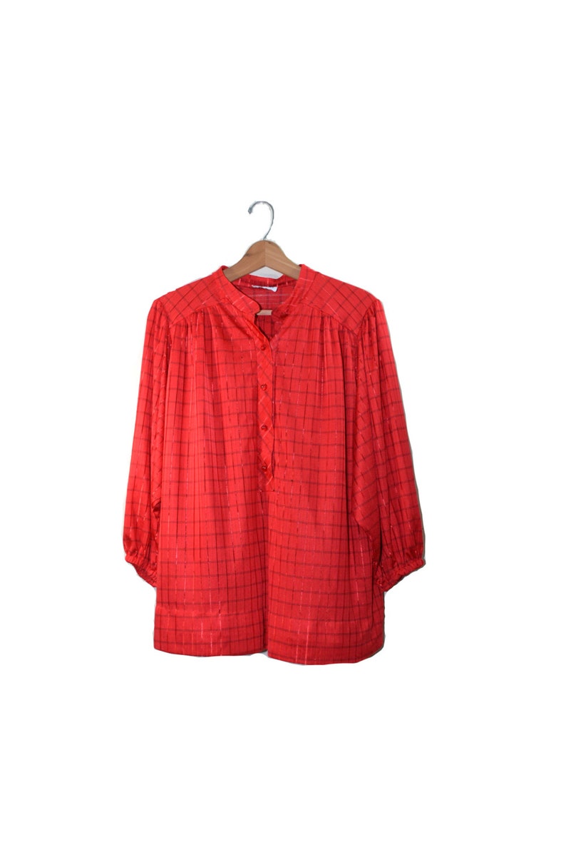 Plus Size Vintage Red Satin Blouse 70's Red Polyester Blouse Boho Shirt ...