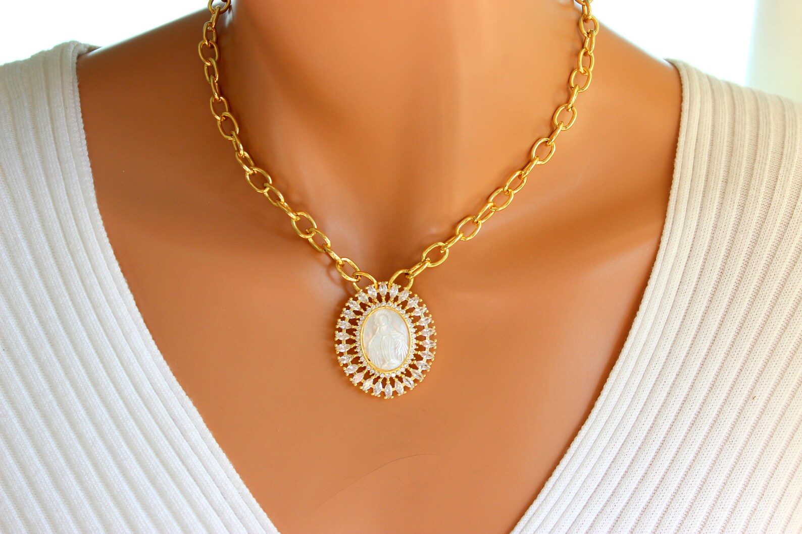Large Gold Miraculous Cameo Choker Necklace Chunky Thick Chain - Etsy