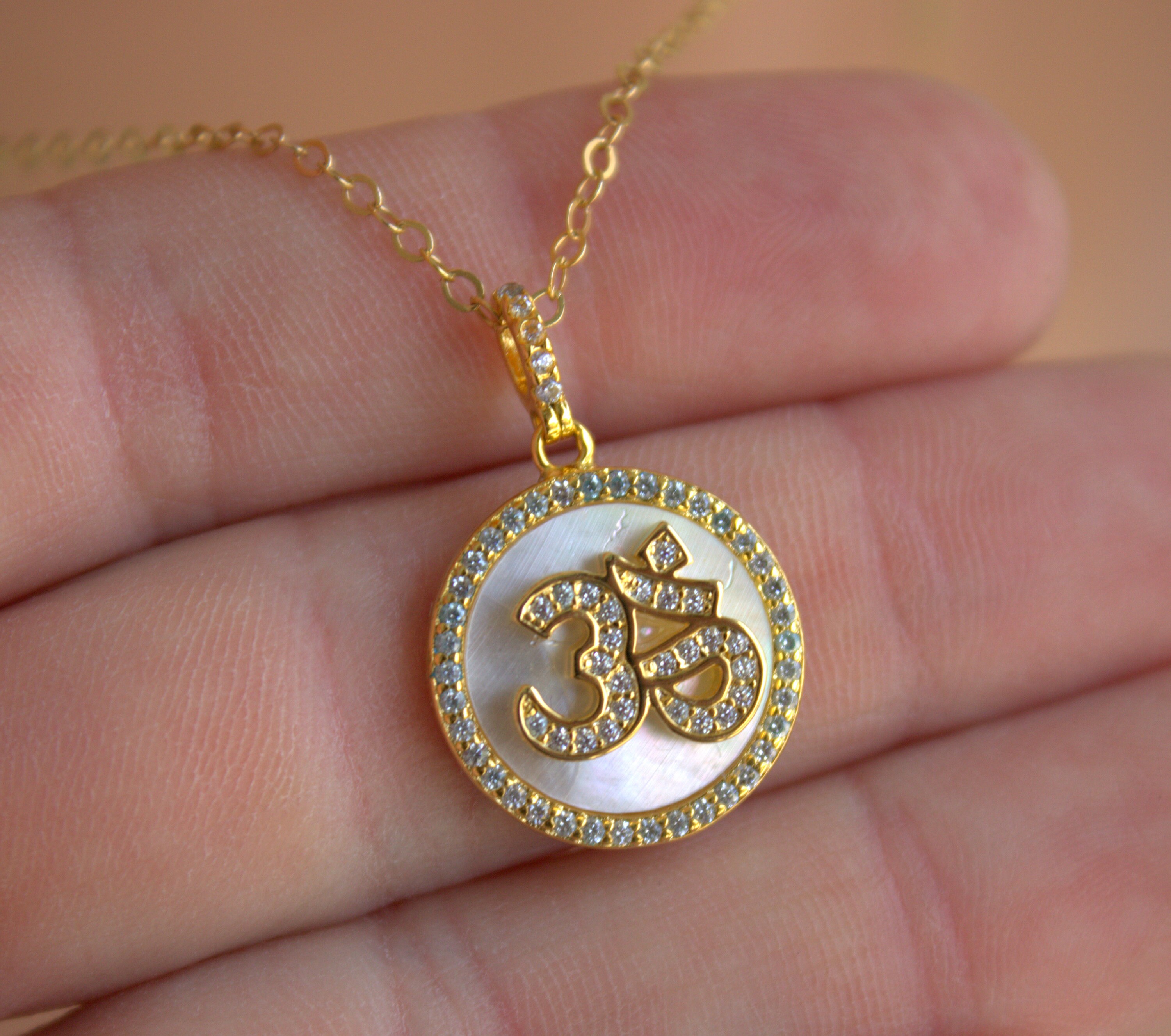 Gold Ohm Pendant Necklace Women 14k Gold Om Charm Choker Set Mother of ...