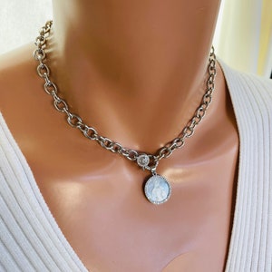 Gold Miraculous Pendant Choker Virgin Mary Mother of Pearl Charm ...