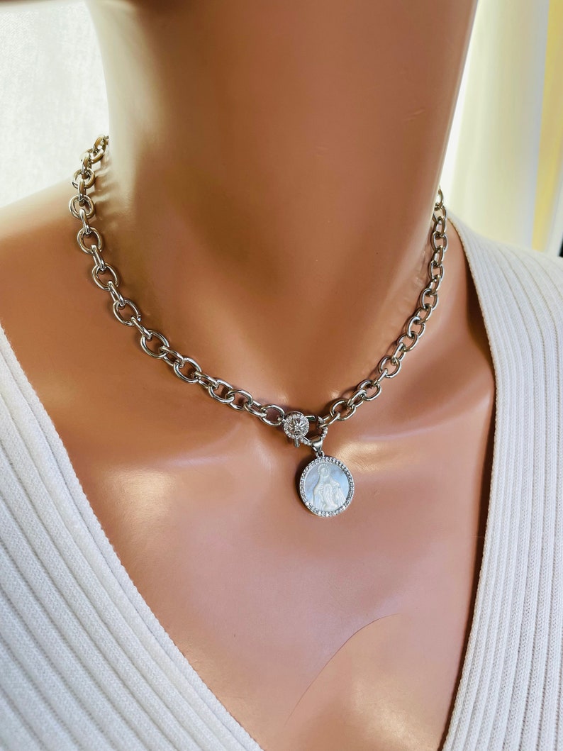 Gold Miraculous Pendant Choker Virgin Mary Mother of Pearl Charm ...