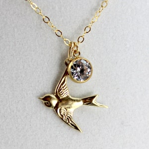 Bird Necklace Gold Filled Crystal Drop Sparrow Pendant Minimalist ...